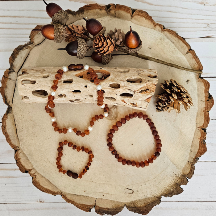 Raw Baltic Amber Necklace Dark Amber Pearl Bundle