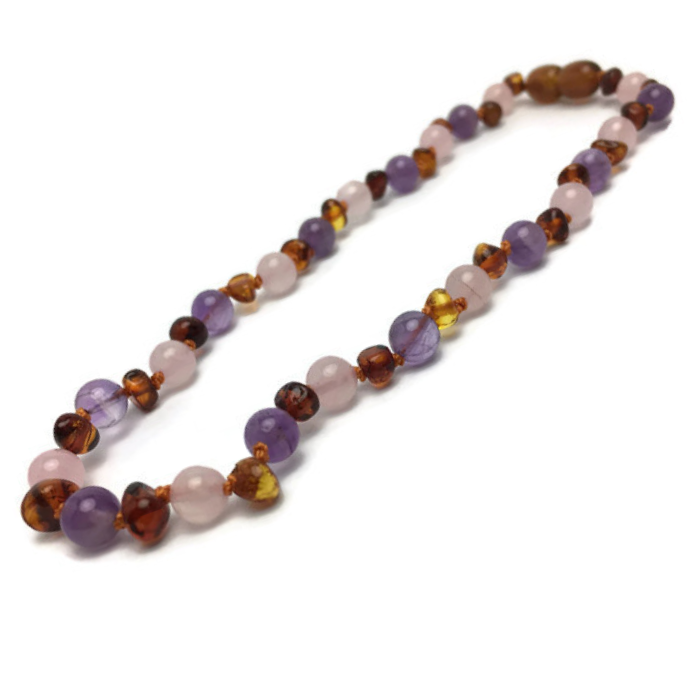 Baltic Amber Teething Necklace Cognac Pink Amethyst Rose