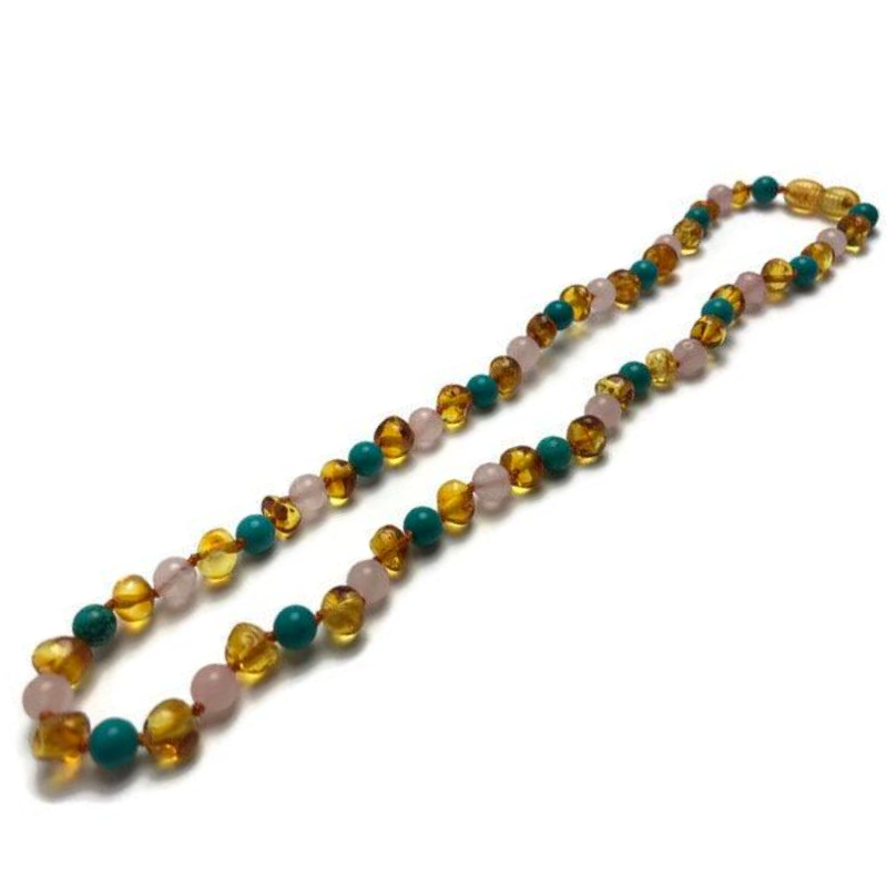 Baltic Amber Teething Necklace Honey Amber Pink Rose Quartz Turquoise