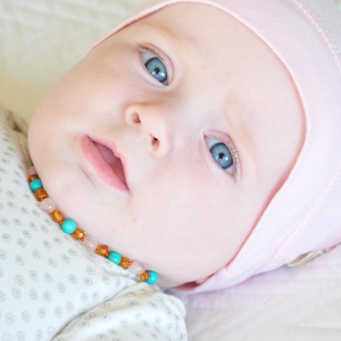Baltic Amber Teething Necklace Honey Amber Pink Rose Quartz Turquoise