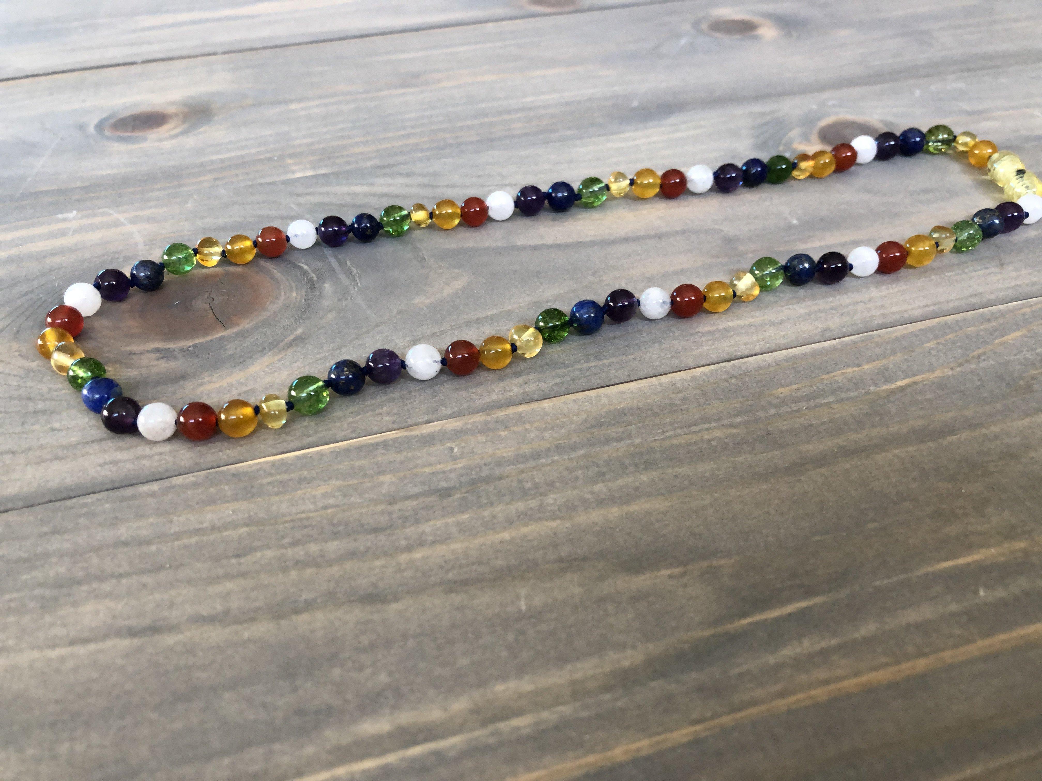 11 inch Baltic Amber Necklace Rainbow Honey Amber Pink Amethyst
